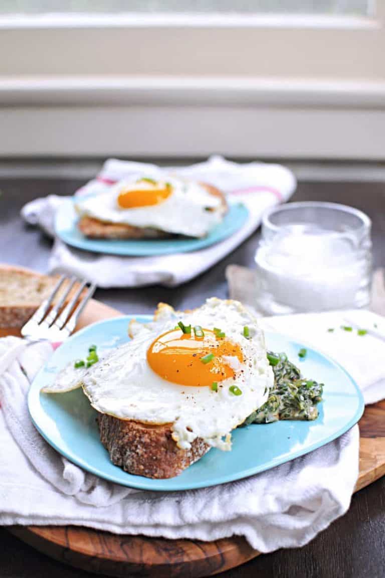 creamed spinach toasts with fried eggs + fennel - the pig & quill