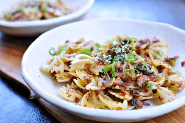spicy caramelized spam + scallion pasta - the pig & quill