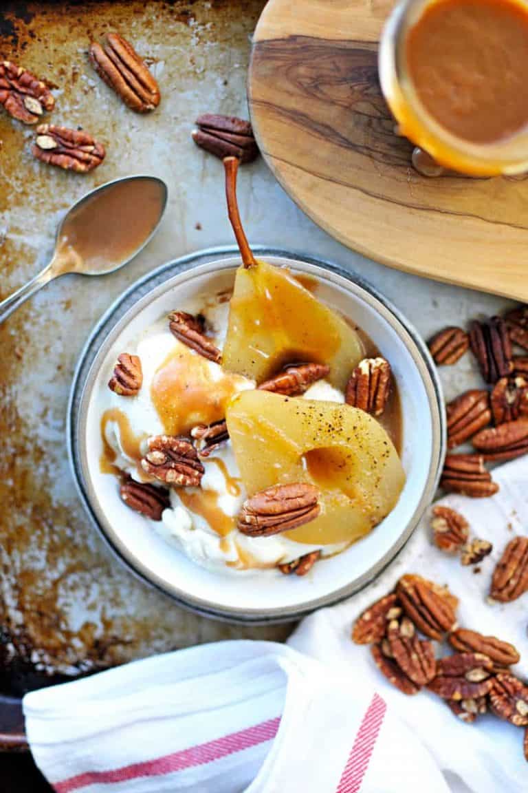 cider poached pears with apple cider caramel + toasted pecans (vegan ...