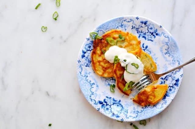 Cheesy Corn + Scallion Cakes (with Maple'd Greek Yogurt) - the pig & quill