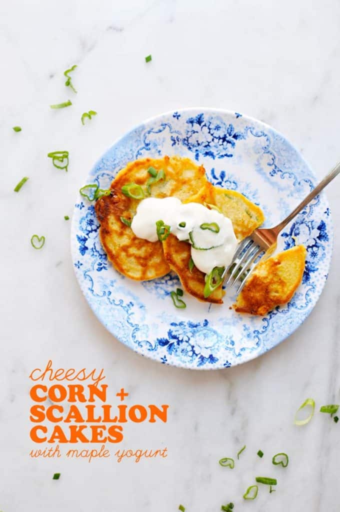 Cheesy Corn + Scallion Cakes (with Maple'd Greek Yogurt) - the pig & quill