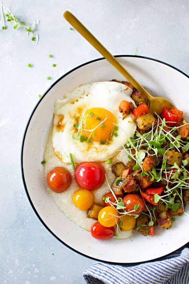 Browned Butter Grits Bowls with Sweet Potato Hash, Blistered Tomatoes ...
