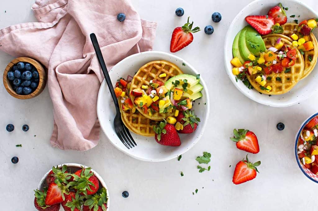 Sweet Corn + Green Chile Waffles with Peach Pico de Gallo - the pig & quill